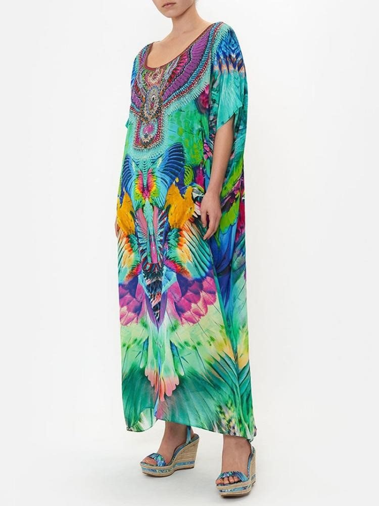 Kaftani na plaži za ženske Zelene maksi obleke s cvetličnim potiskom ...